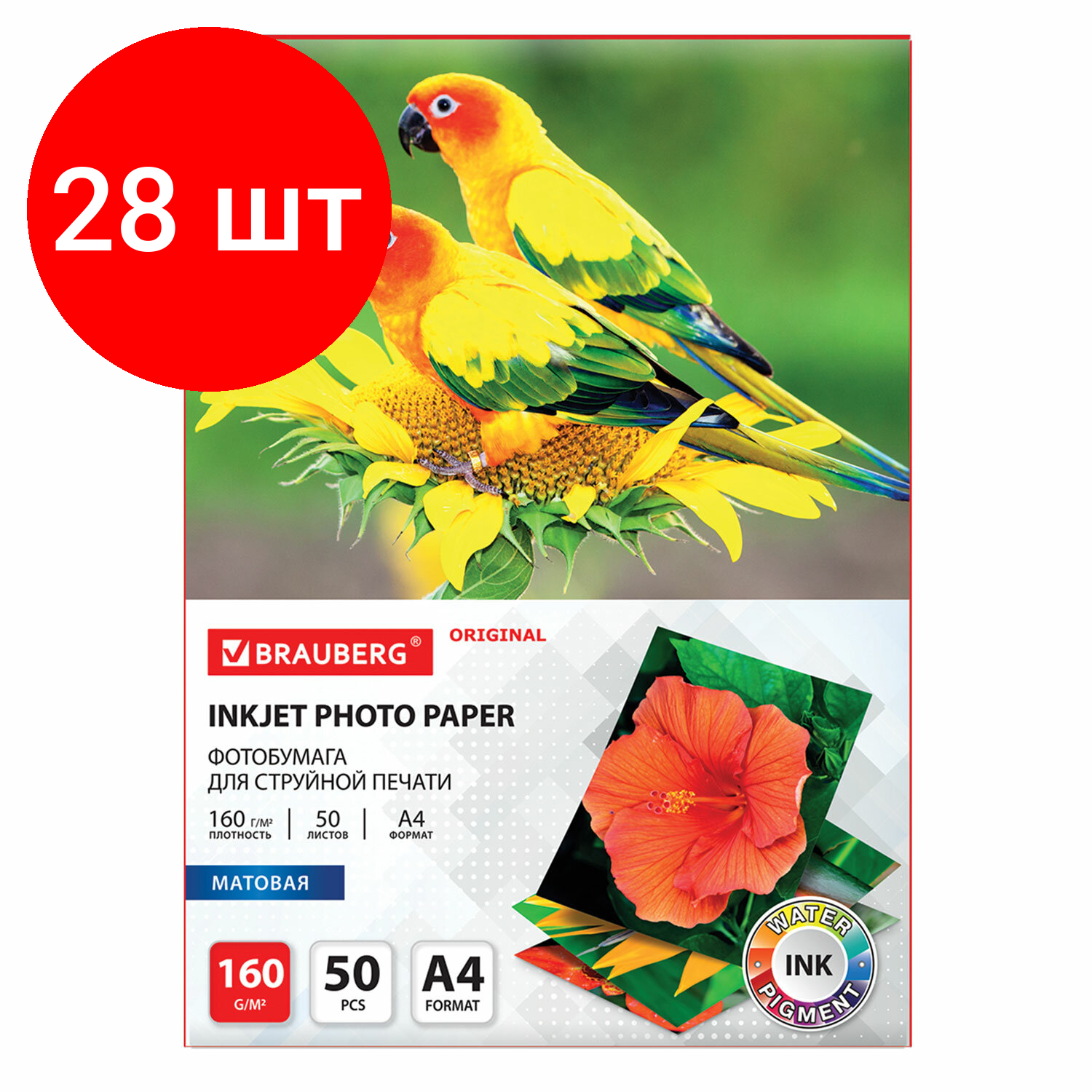 Комплект 28 шт, Фотобумага матовая, А4, 160 г/м2, односторонняя, 50 листов, BRAUBERG ORIGINAL, 363985