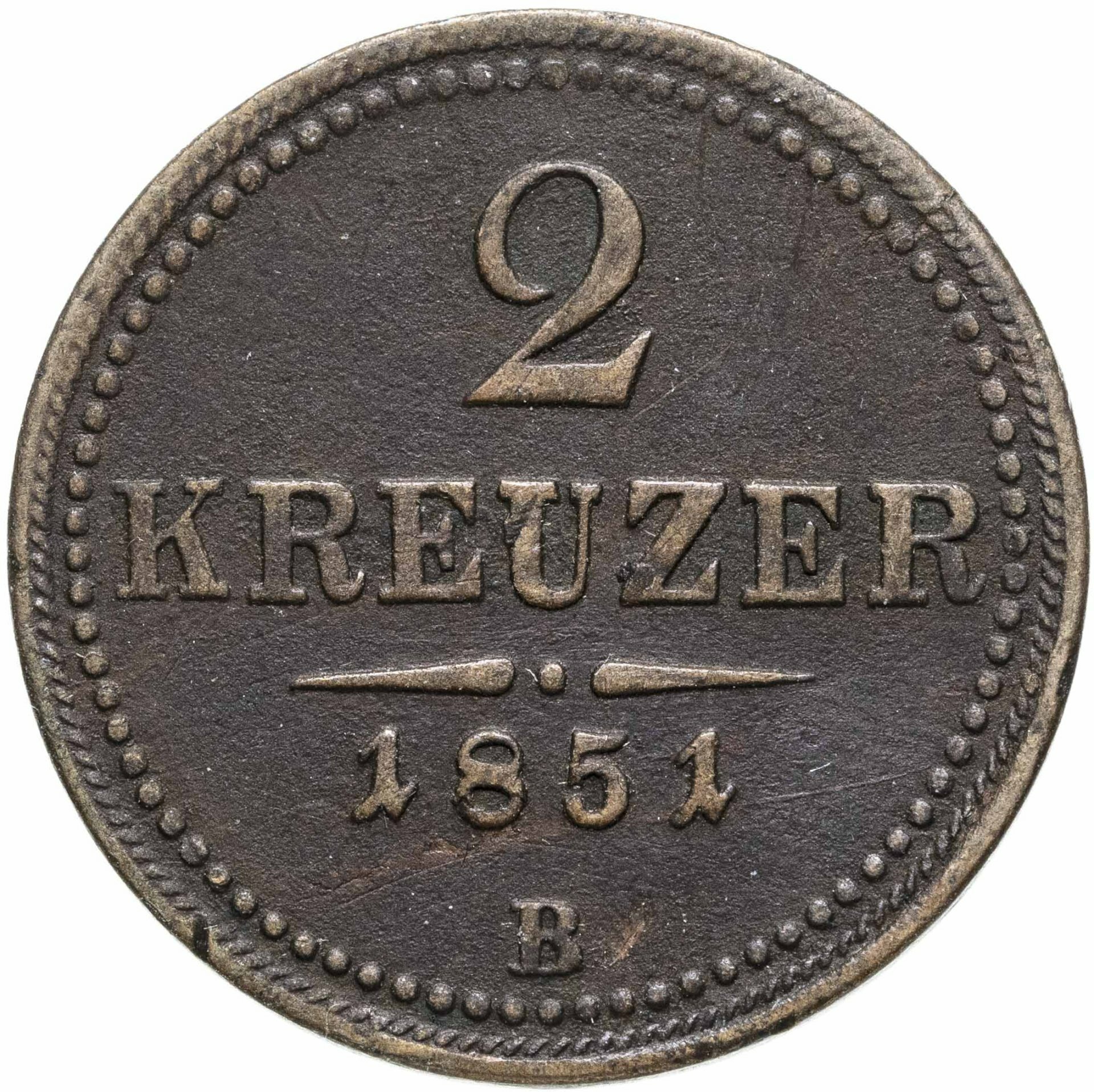 Австрия 2 крейцера kreuzer 1851 B, знак монетного двора "B" - Кремница, Медь, в сохранности VF