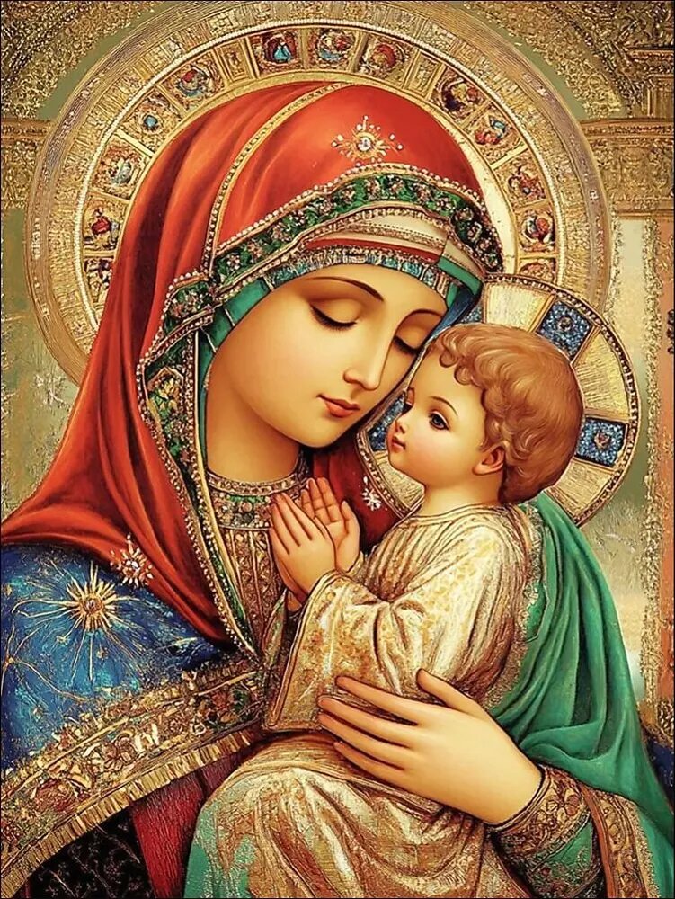 Алмазная картина "Богородица с Младенцем", 30x40 см. Православная икона, золотые узоры.(без подрамника, без рамки)