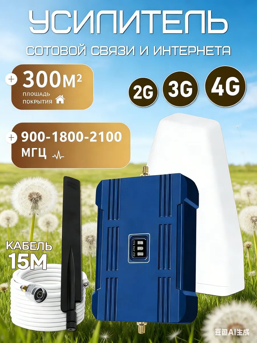 Усилитель сотовой связи 900/1800/2100 МГц (2G/3G/4G): до 70 км, направленный, синий, 1.3 кг