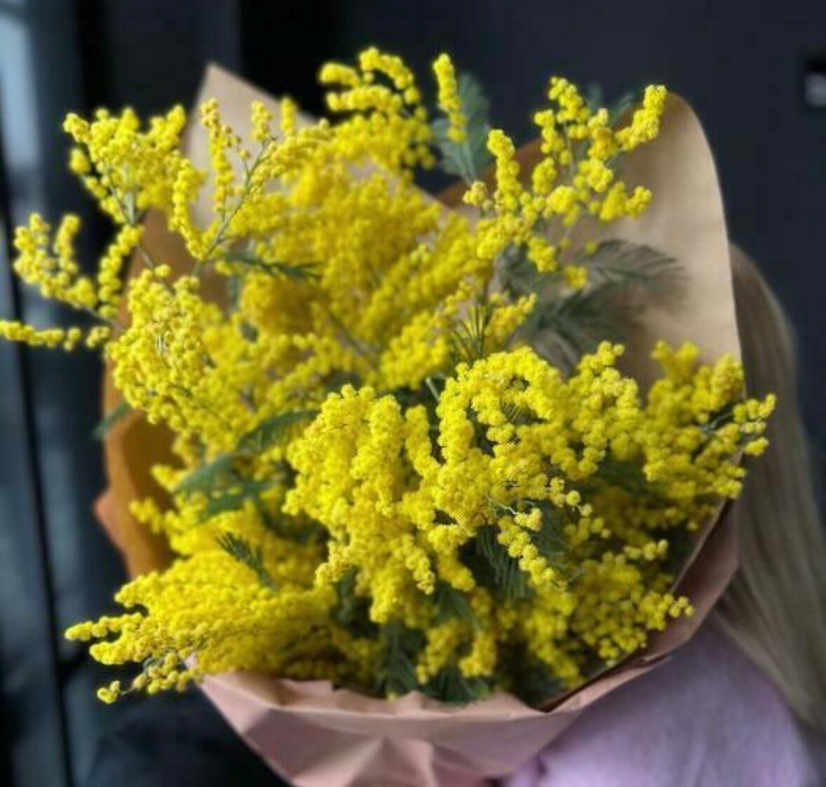 Монобукет пушистая солнечная итальянская мимоза в крафт бумаге