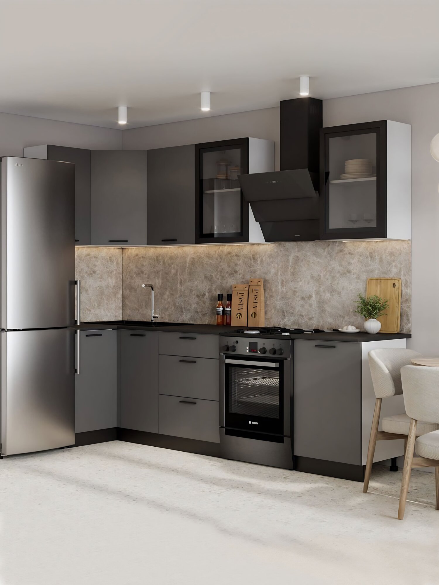 Кухонный гарнитур угловой Урбан 2.1х1 м, мебель для дома и кухни, Белый / Графит серый / Черный, стекло