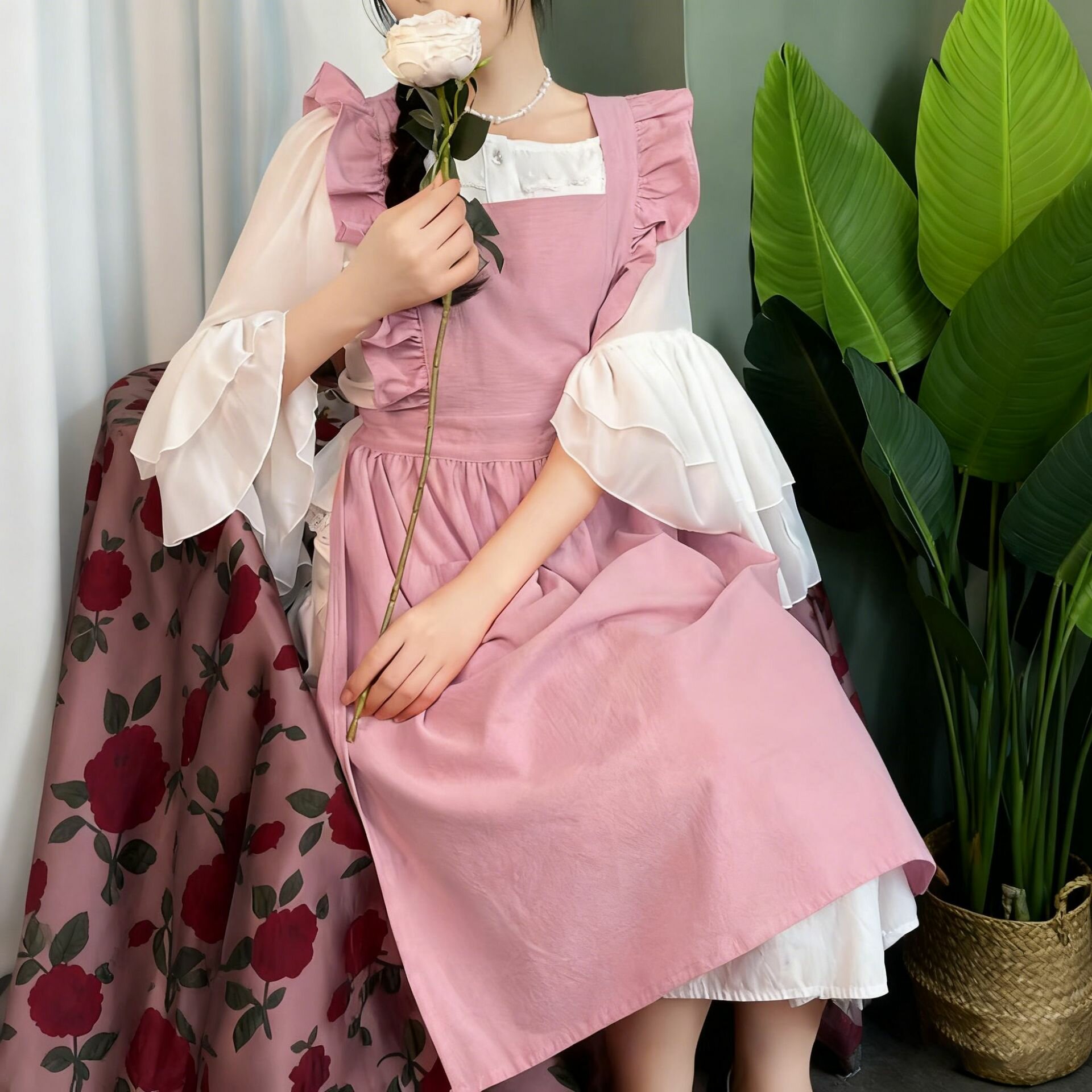 Флористика Домашний Кафе Арт Студент Цветочный Магазин Фартук с рюшами Льняной Однотонный Интернет Знаменитость Художественный Пасторальный Фартук