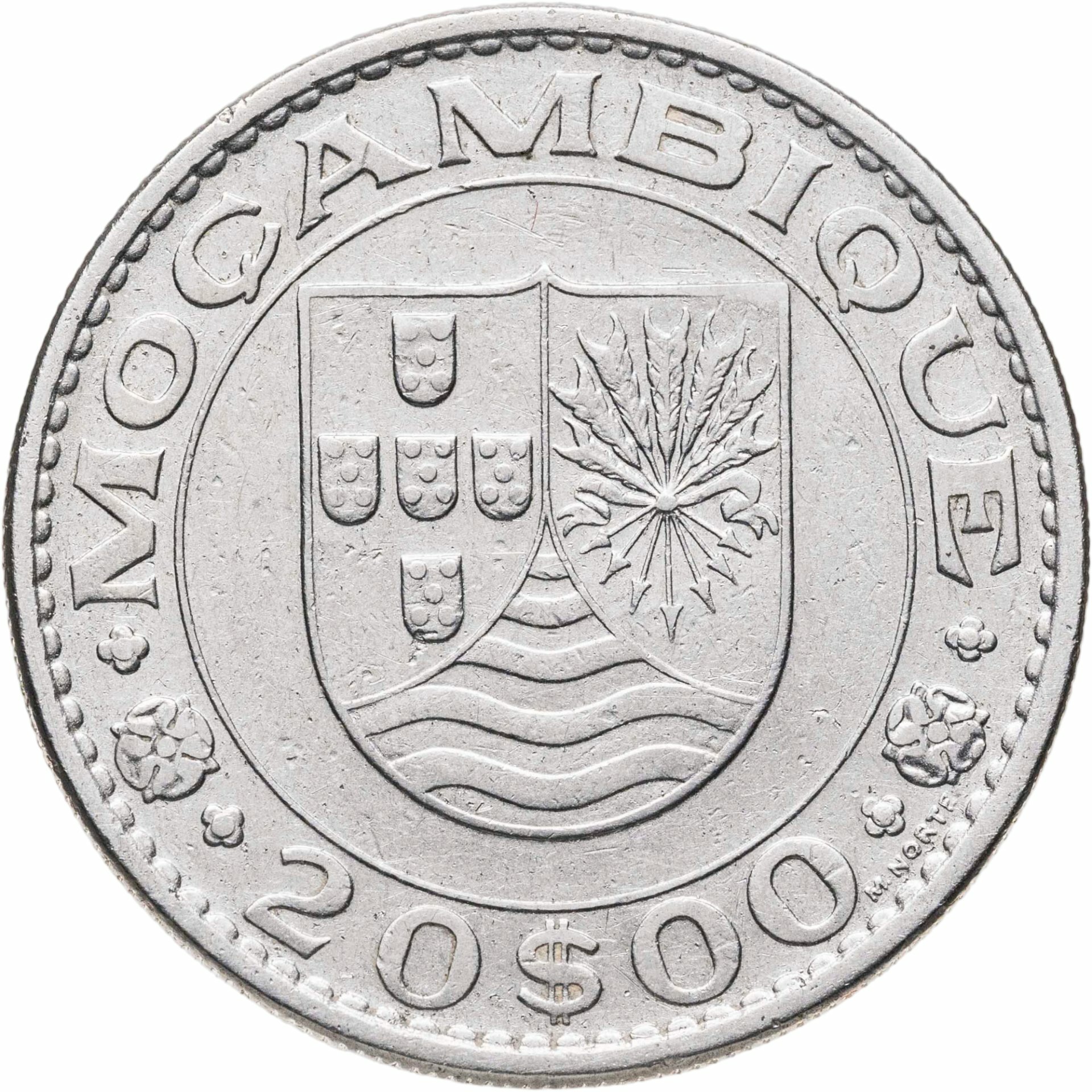 Мозамбик 20 эскудо escudos 1971, Никель, в сохранности XF-AU