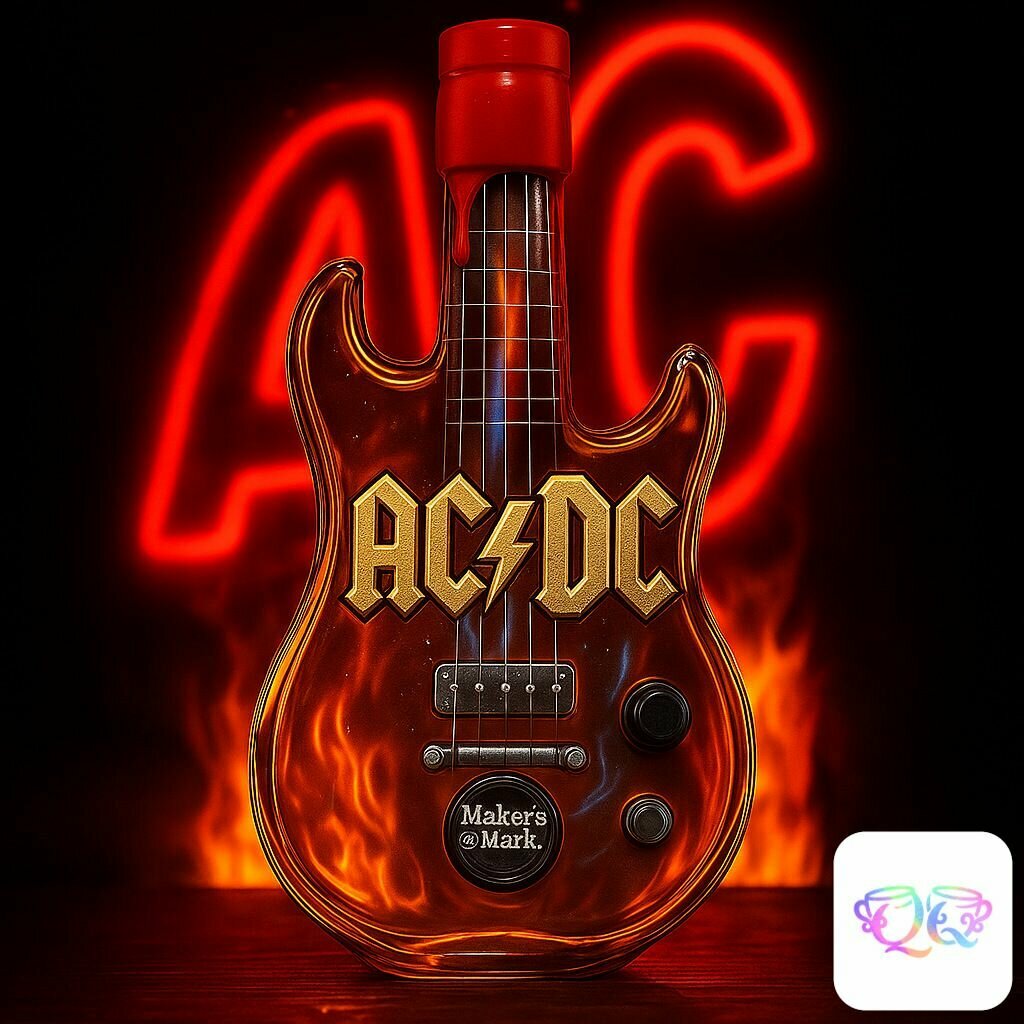 Бутылка гитарная AC/DC 0.35 л стеклянная с огненным дизайном для алкоголя подарок коллекционерам флакон