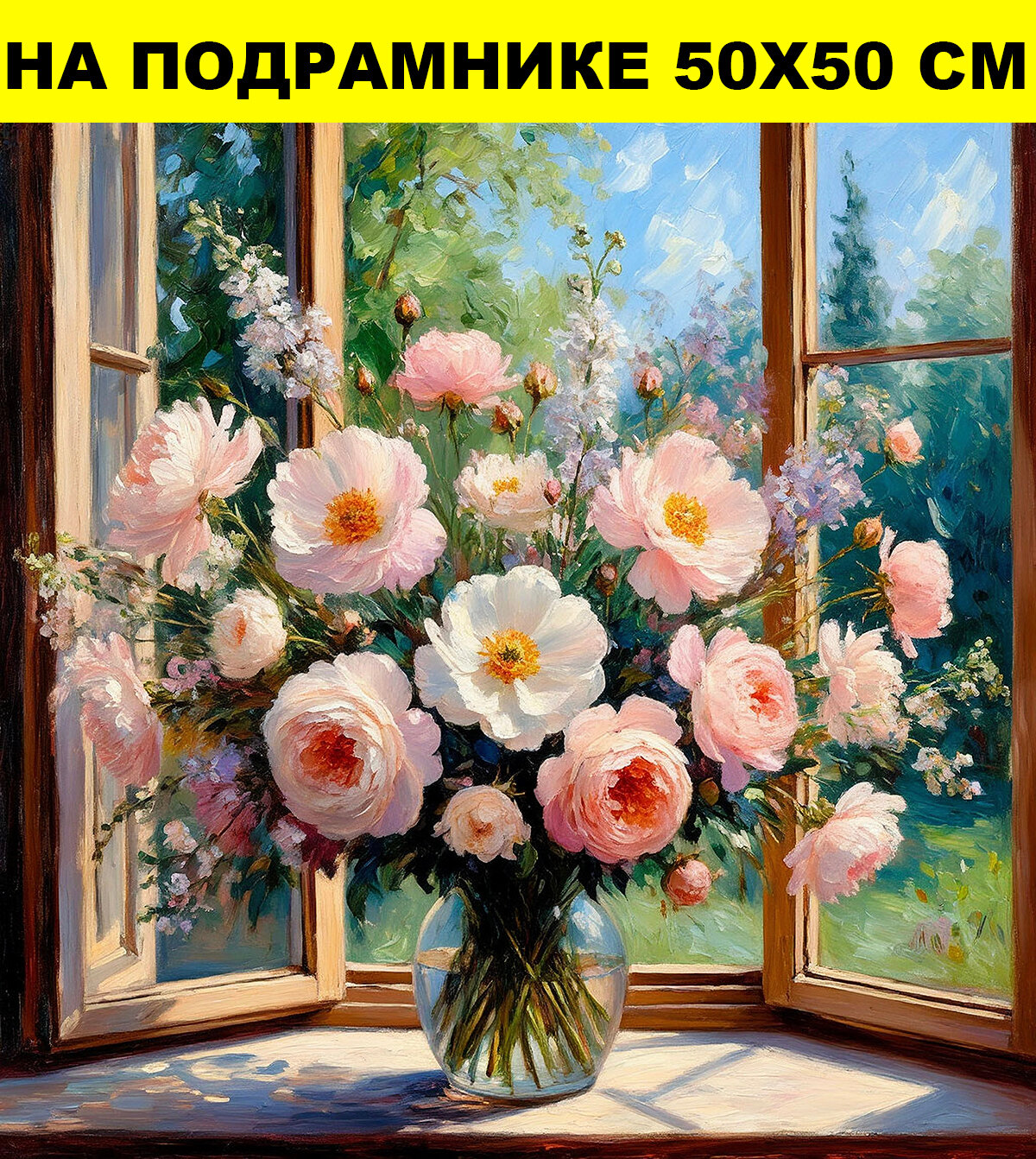 Постер на подрамнике 50х50 букет цветов, картина на стену интерьерная большая цветы в вазе, постеры на стену цветы