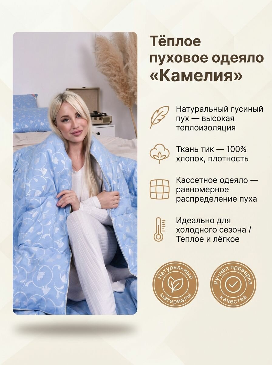 Одеяло пуховое Камелия 200х220, голубое пух 85%, кассетное, теплое, евро размер, Легкие сны