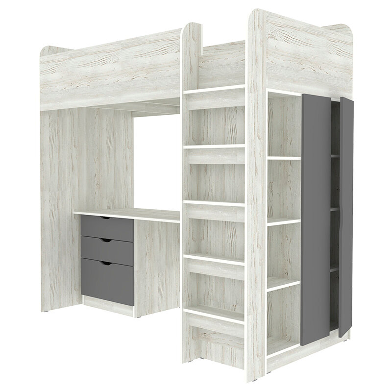 Кровать-чердак Polini Simple с письменным столом и шкафом Винтерберг Темно-серый