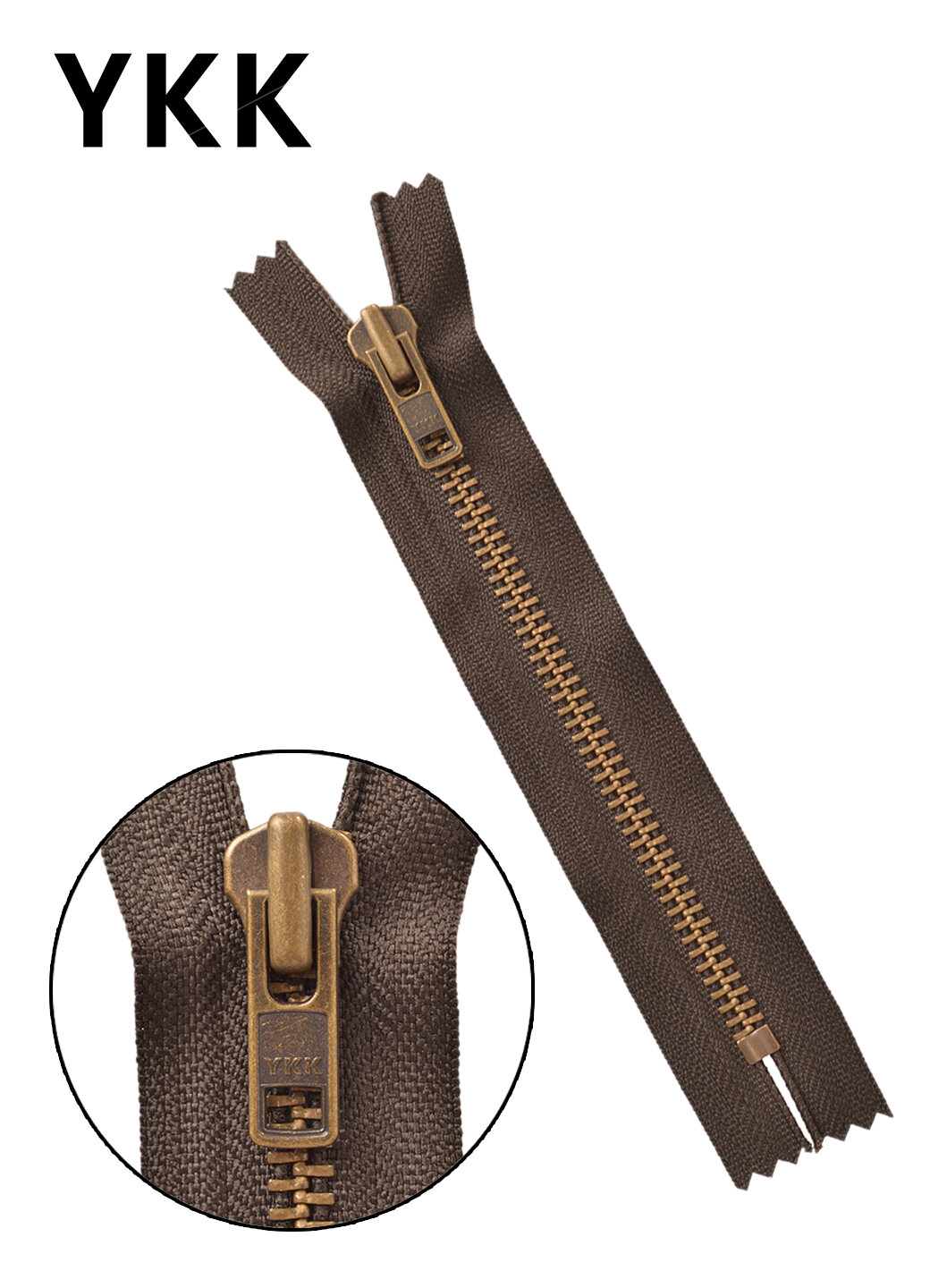 Молния YKK металлическая Т8 неразъёемная, антик, 18 см, 1шт/упак, коричневый