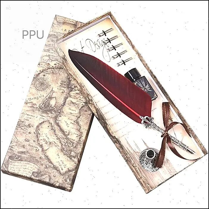 Ручка Перьевая, подарочный набор, красная, металл, с подставкой и чернильницей, 1 шт.