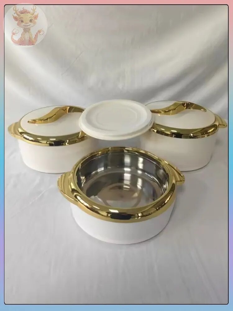 Набор термокастрюль для еды из пластика белого цвета с золотистой отделкой для сохранения тепла