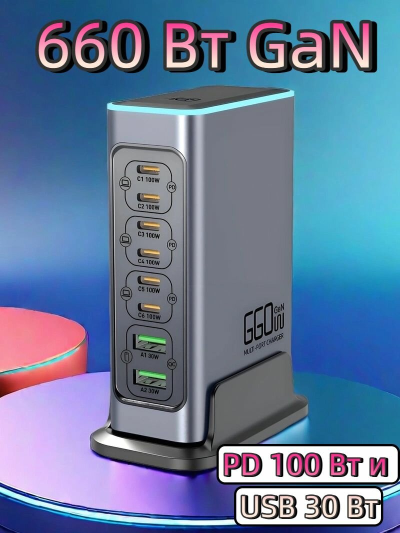660W GaN Настольное многопортовое зарядное устройство, PD 100 Вт и USB QC3.0