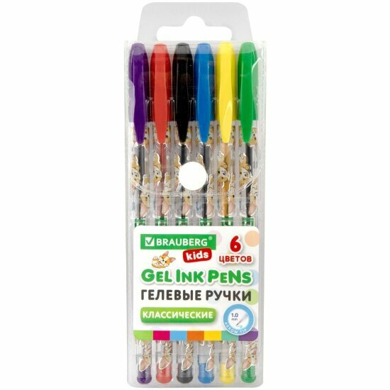 Brauberg Kids Ручки гелевые классические "CUTE ANIMALS", набор 6 цветов, корпус с печатью, узел 1 мм, линия письма 0,7 мм, 144441
