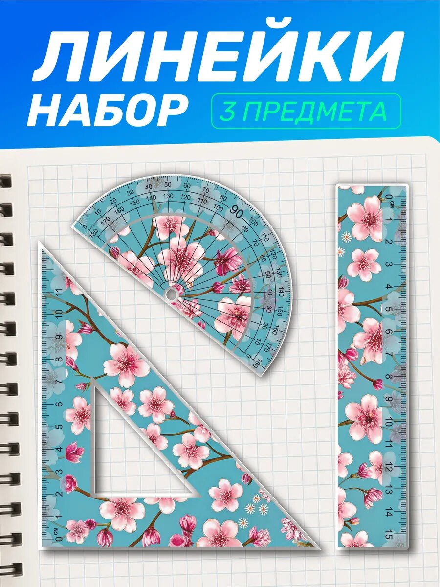 Набор линеек для школьника с транспортиром Цветы сакуры