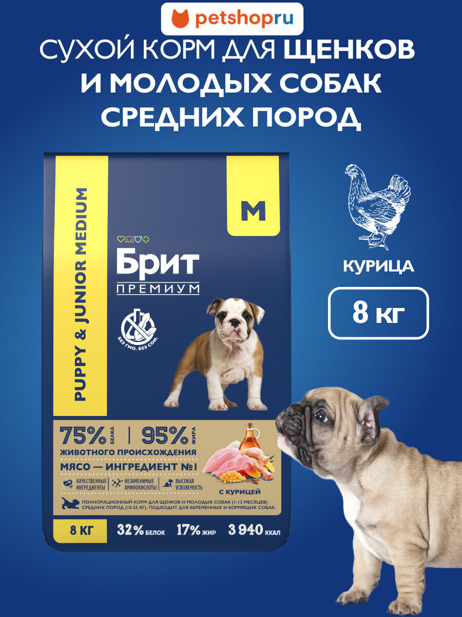 Brit Сухой корм премиум класса с курицей для щенков и молодых собак ср. пород 8 кг.