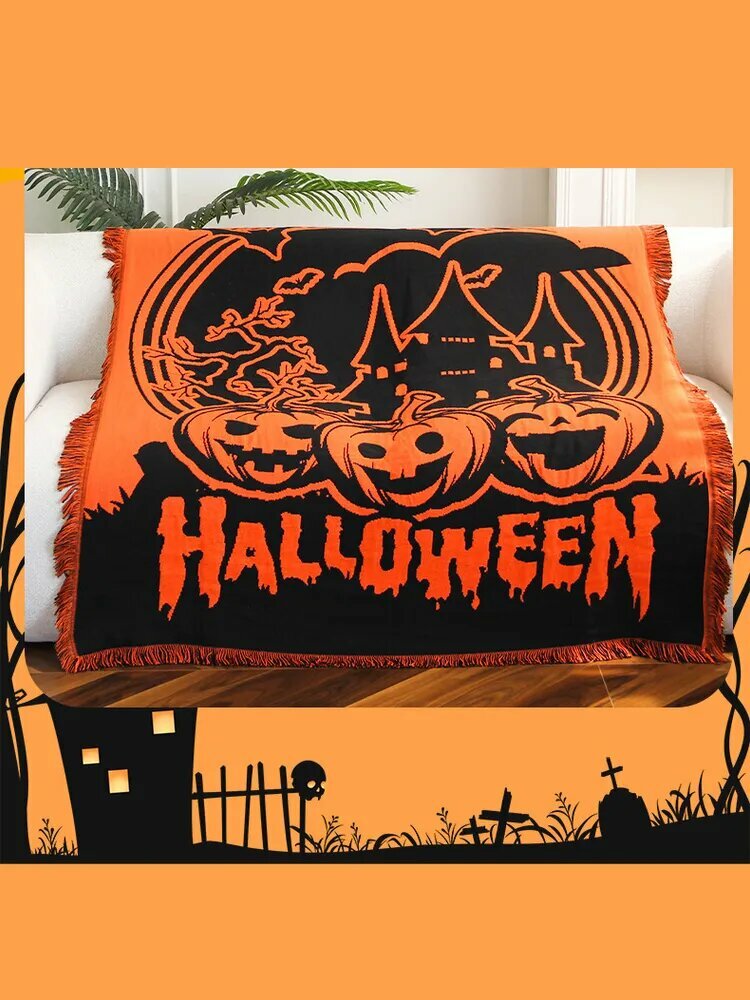 Плед Halloween 130x160 см. Мягкий, оранжевый с черным рисунком, для дома, с бахромой