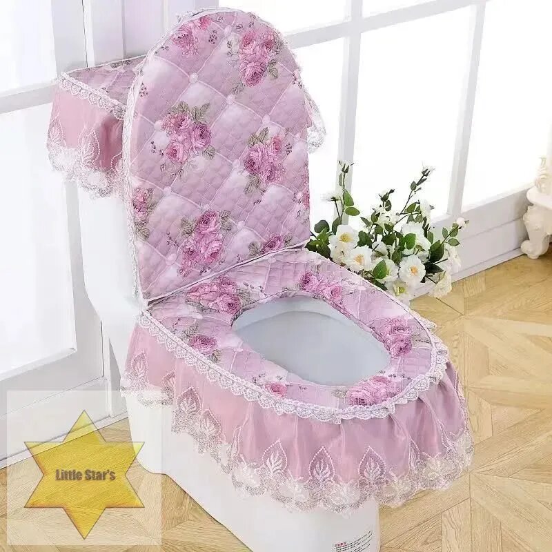 Чехол для унитаза и крышки мягкий на молнии с цветочным рисунком розовый