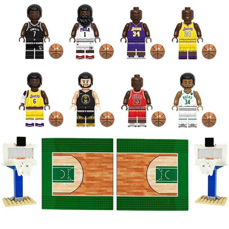 Набор строительных блоков с сценой баскетбольного поля NBA с мини-фигурками игроков и кольцом для поклонников спорта и