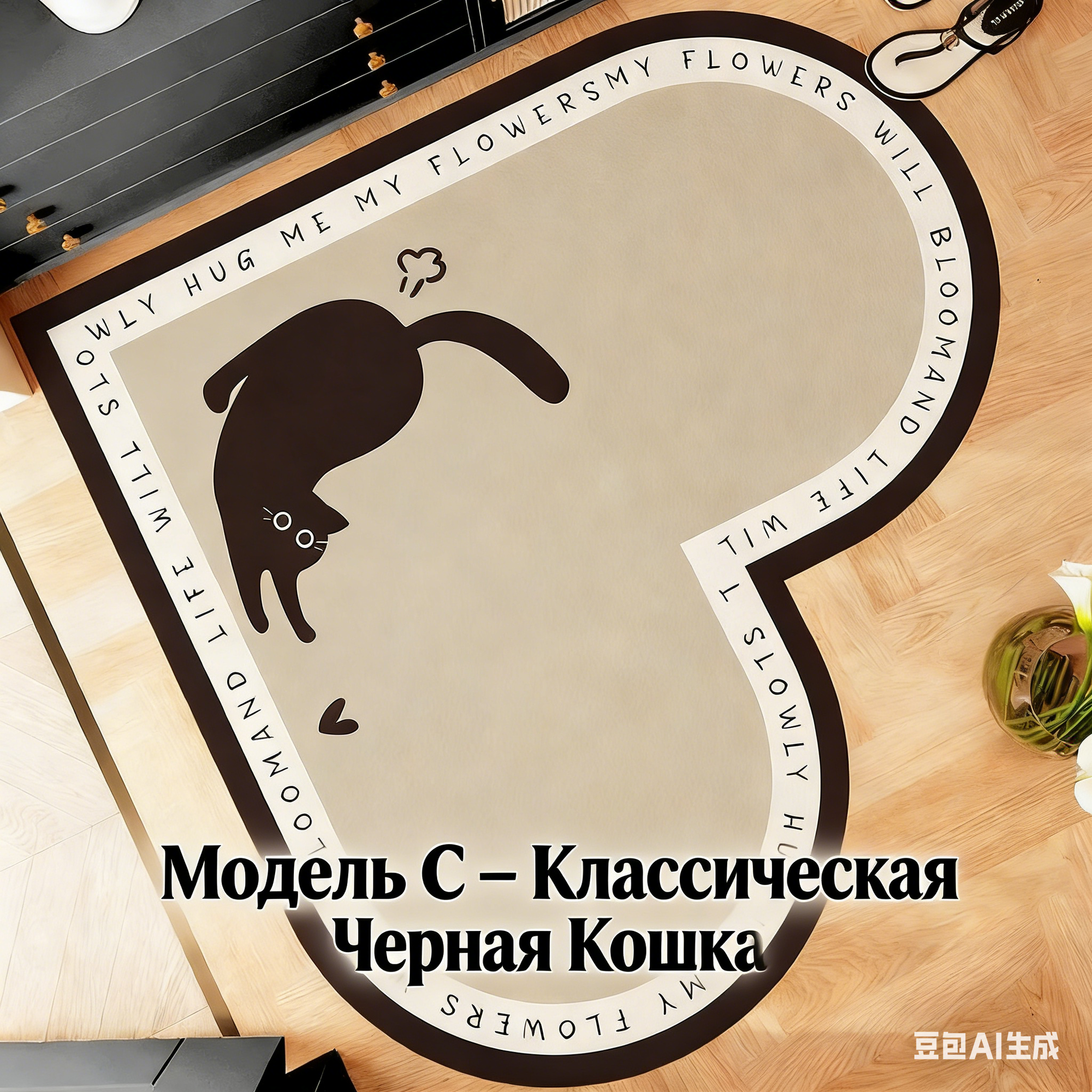 Коврик безворсовый кухонный угловой 80х80 см на пол Кухонный ковер в форме сердца, Модель С – Классическая Черная Кошка