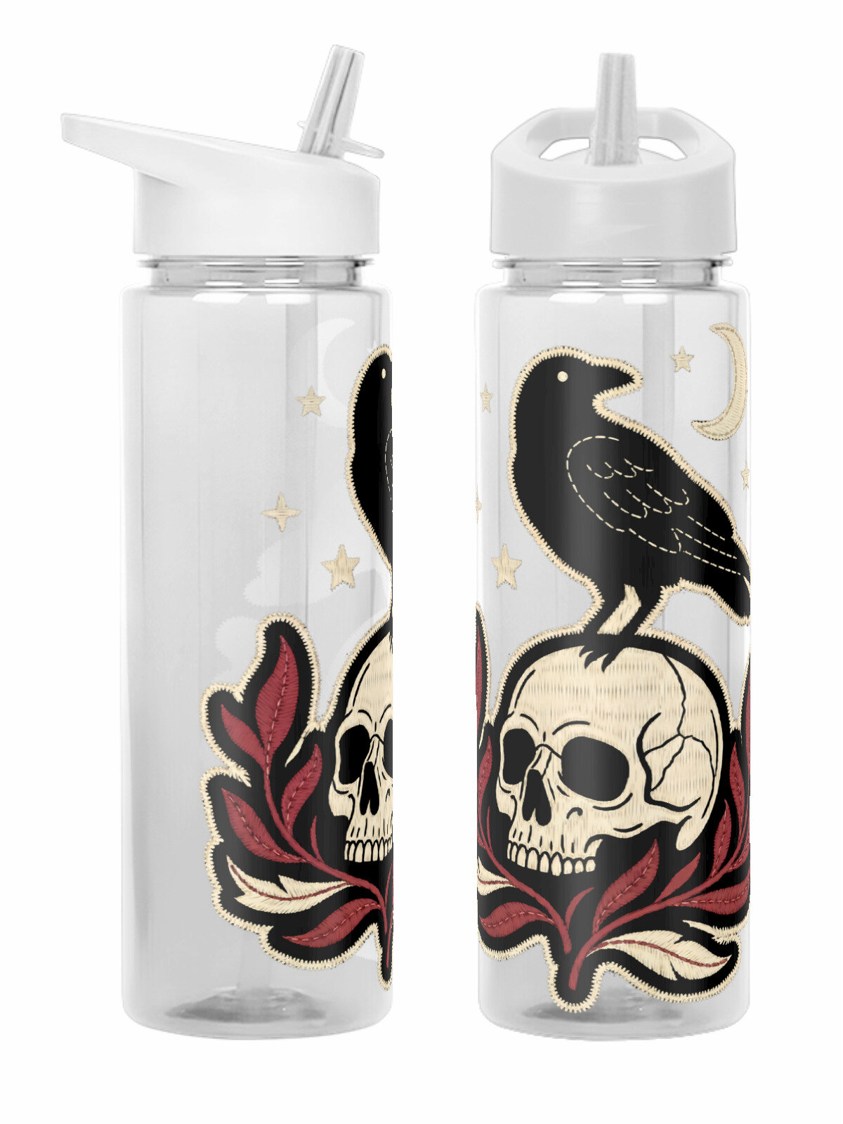 Бутылка белая для воды с принтом Ворон и череп