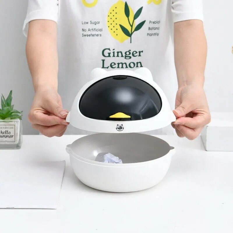 Корзина для бумаг в форме кота, пластиковая мусорная корзина с поворотной крышкой, для дома, офиса, черный космический кот — фото 1
