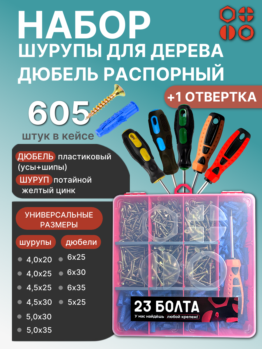 Шурупы с дюбелями и отверткой в органайзере набор 3
