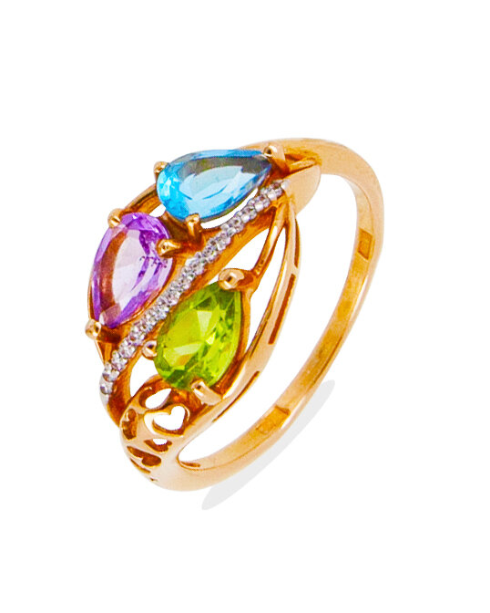 Кольцо на фалангу, красное золото, 585 проба, аметист, топаз, хризопраз, фианит