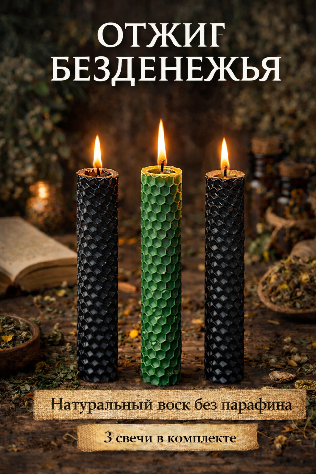 Свечи из вощины программные Отжиг от Безденежья. Комплект свечей+ритуал в комплекте.