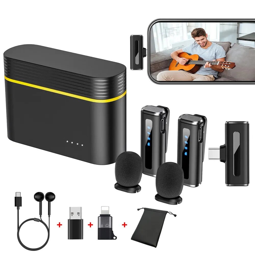 Микрофон петличный 40M, беспроводной микрофон для телефона, беспроводной петличный микрофон, зарядное устройство, шумоподавление, реверберация, для компьютера прямой трансляции Android IOS, желтый