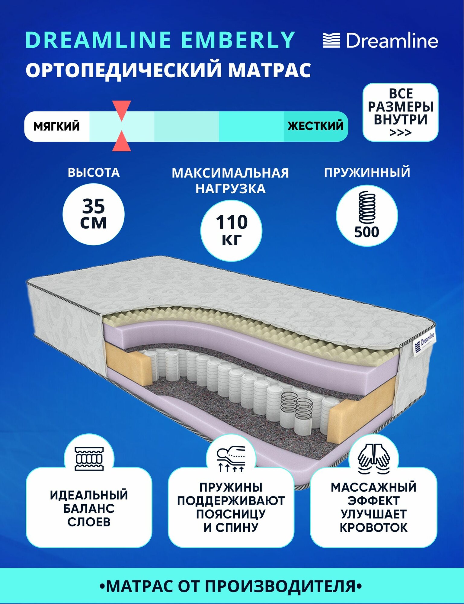 Матрас Dreamline Emberly 85х180 серии Lux высота 35 см анатомический средней жесткости Независимые пружины