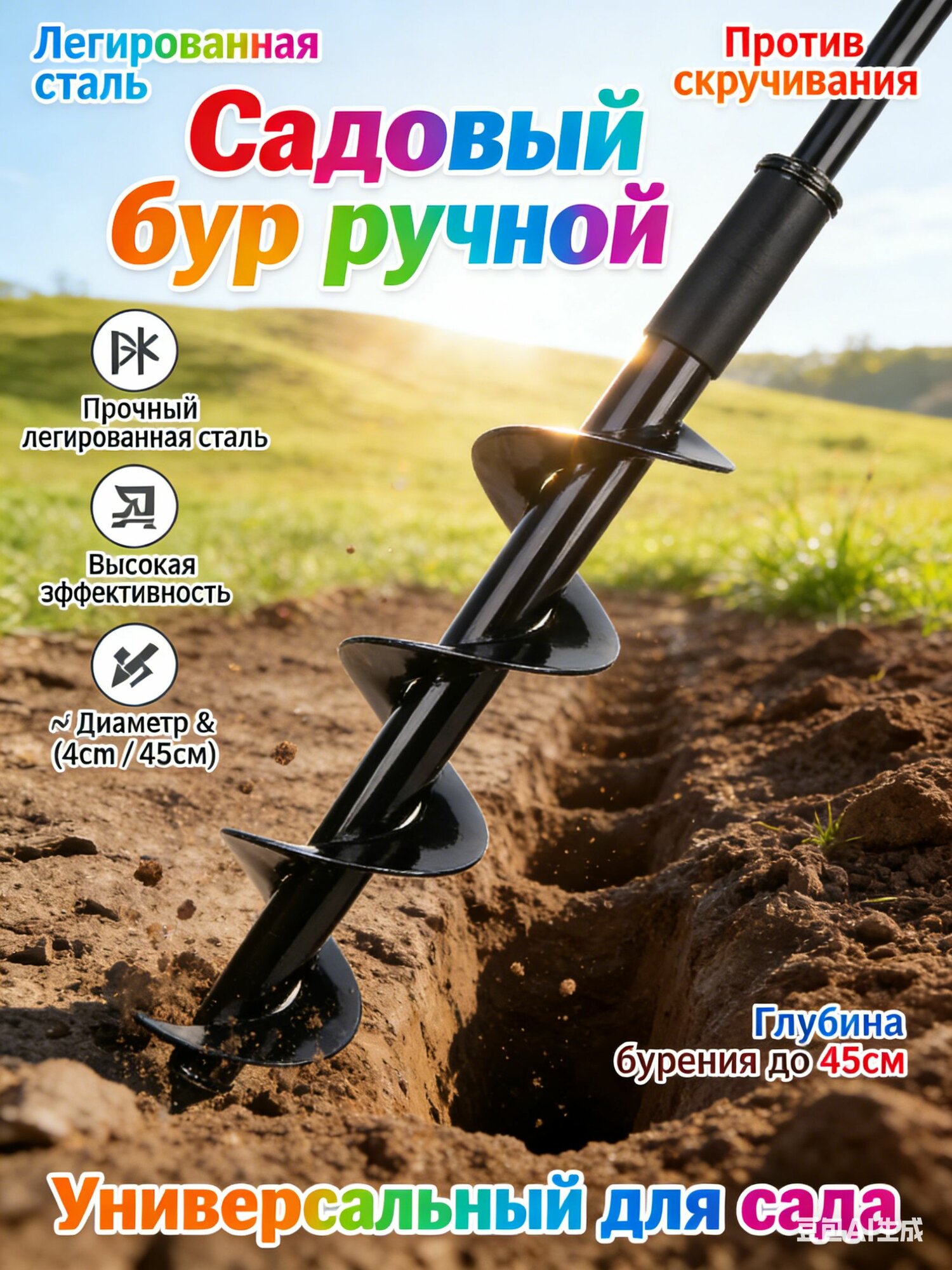 Бур садовый для шуруповерта 40мм / Культиватор ручной / Культиватор электрический