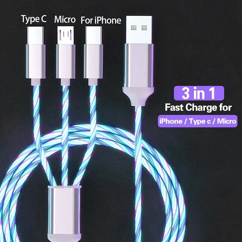 Светящийся 3-в-1 кабель USB Type-C/Micro/iPhone, Color: 3 in 1 multi