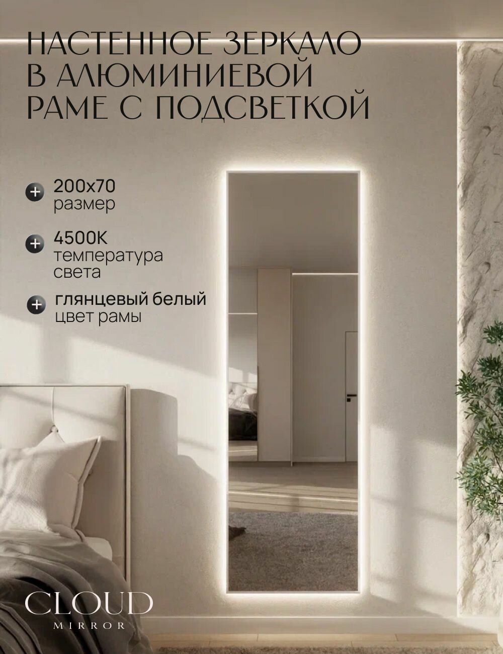 Зеркало 200х70 см. CLOUD MIRROR с подсветкой в алюминиевой раме настенное. Свет: Нейтральный белый 4500К, Белое