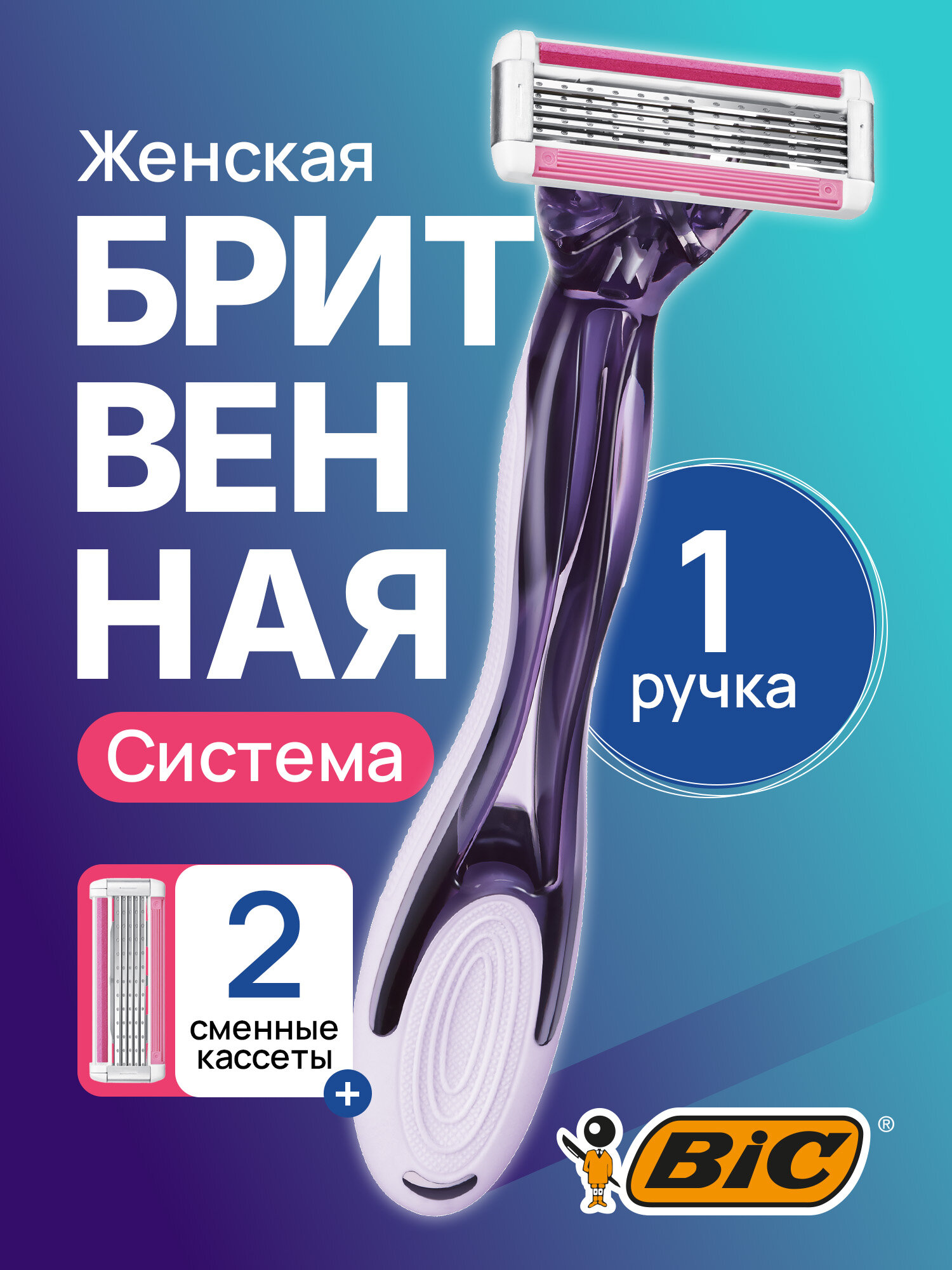 Женская бритва BIC Клик 5 с 5 лезвиями, бритвенный станок + 2 сменные кассеты