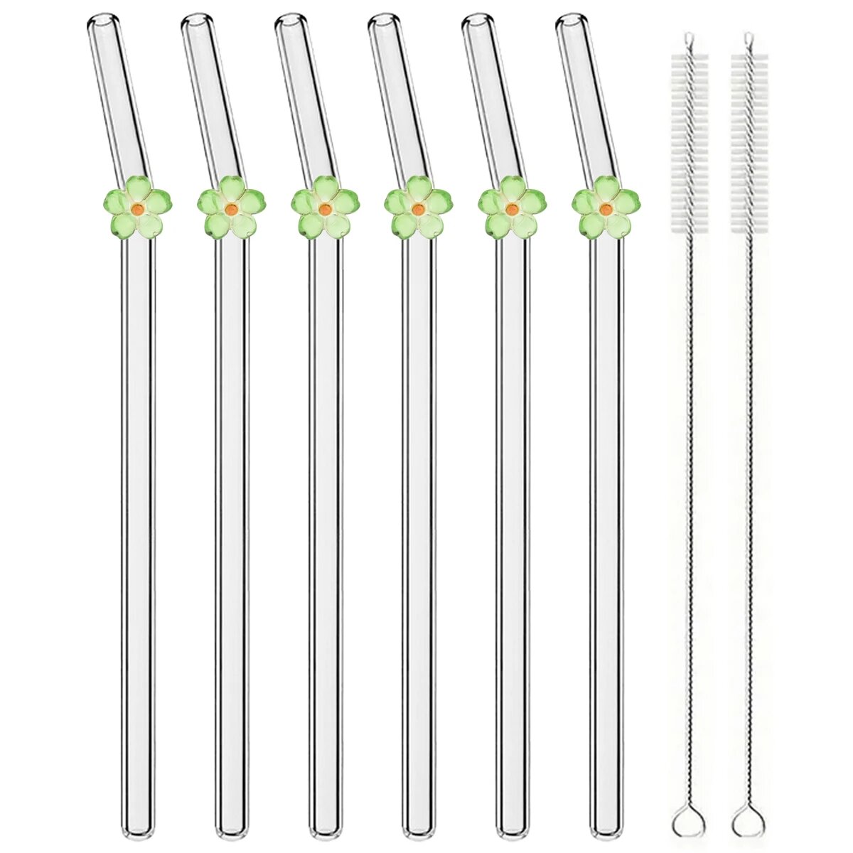 6pcs Стеклянные питьевые соломки цветочная согнутая соломка с щеткой.
