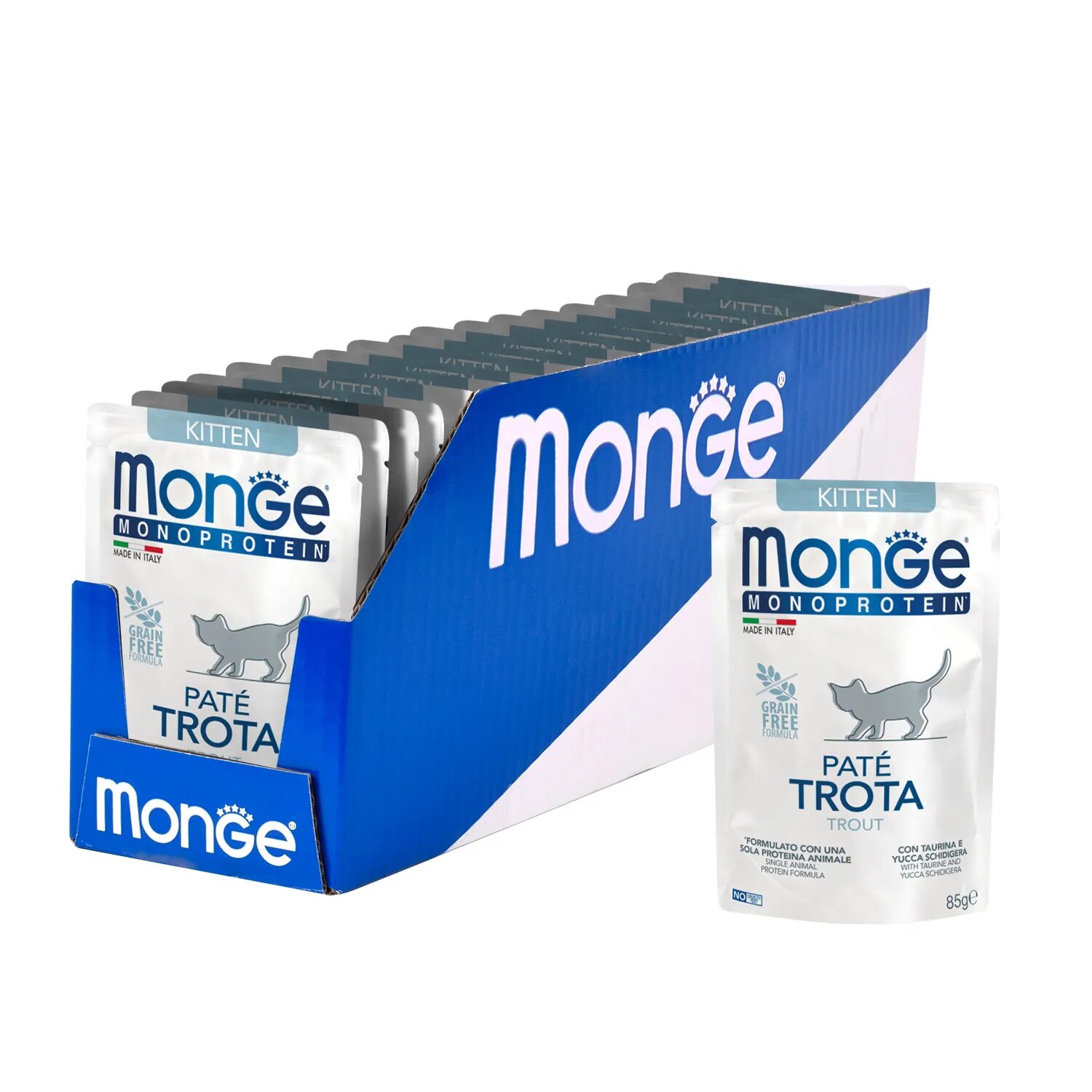 Влажный корм Monge для котят и беременных кошек Cat Natural Monoprotein, паштет из форели, паучи, 14 шт х 85 гр