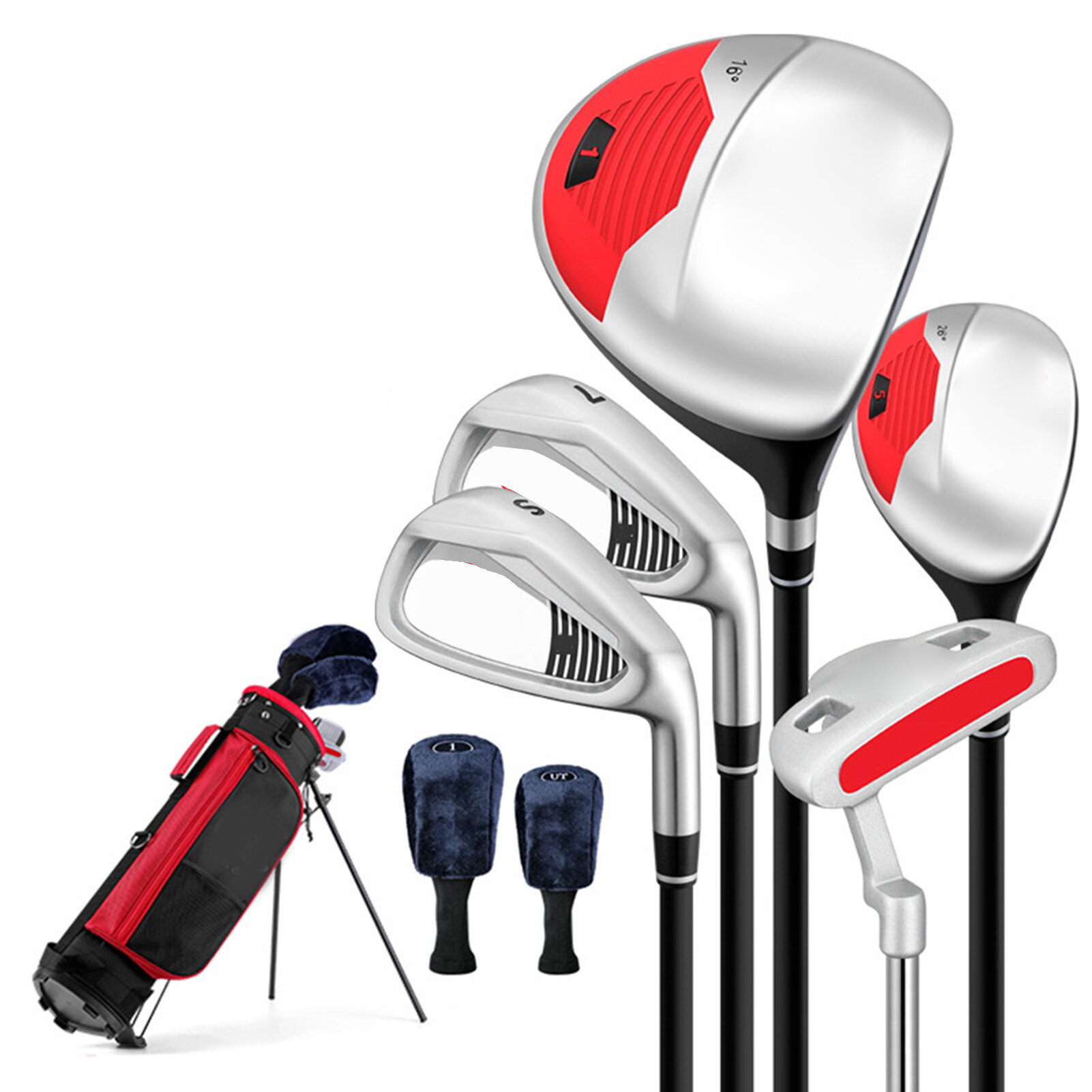 Детский клубный набор из 5 предметов: деревянные клюшки, айроны и паттер из сплава, с подставкой, сумкой и чехлами для клюшек, для начинающих, мальчиков и девочек, черный, от 3 до 5 лет.