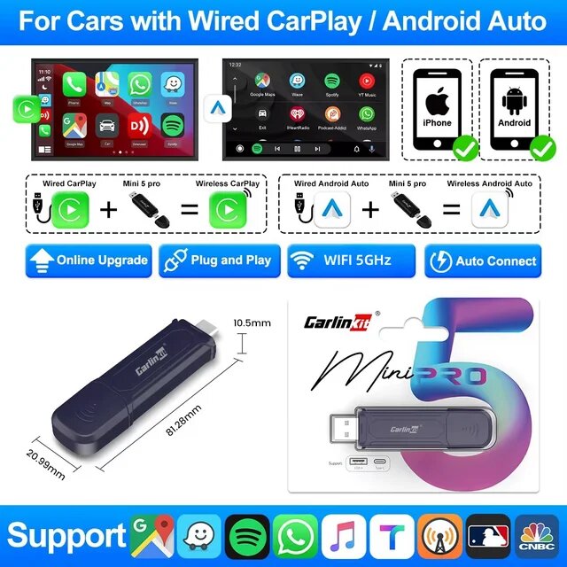 Беспроводной автомобильный адаптер CarlinKit 5.0 & Mini5 Pro CarPlay Android 2-в-1 CP2A Plus Smart Adapter, поддерживает Bluetooth 4.2, Spotify и обновления карт по беспроводной сети (FOTA).