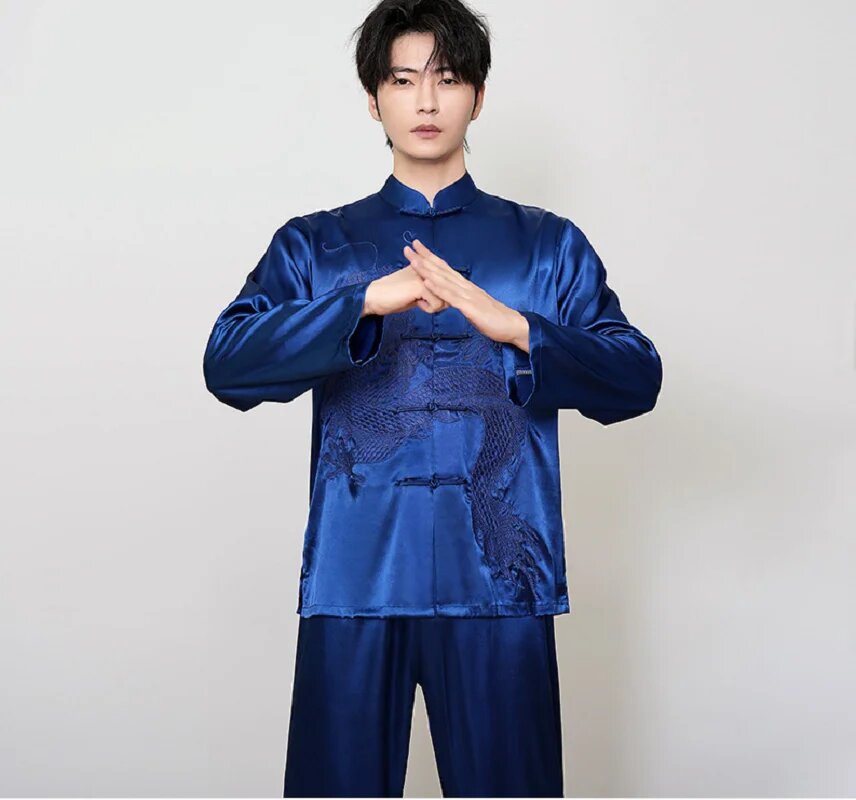 Мужской костюм с вышивкой Дракона, полиэстер, размер М-3XL Темно-синий, XXXL, Синий