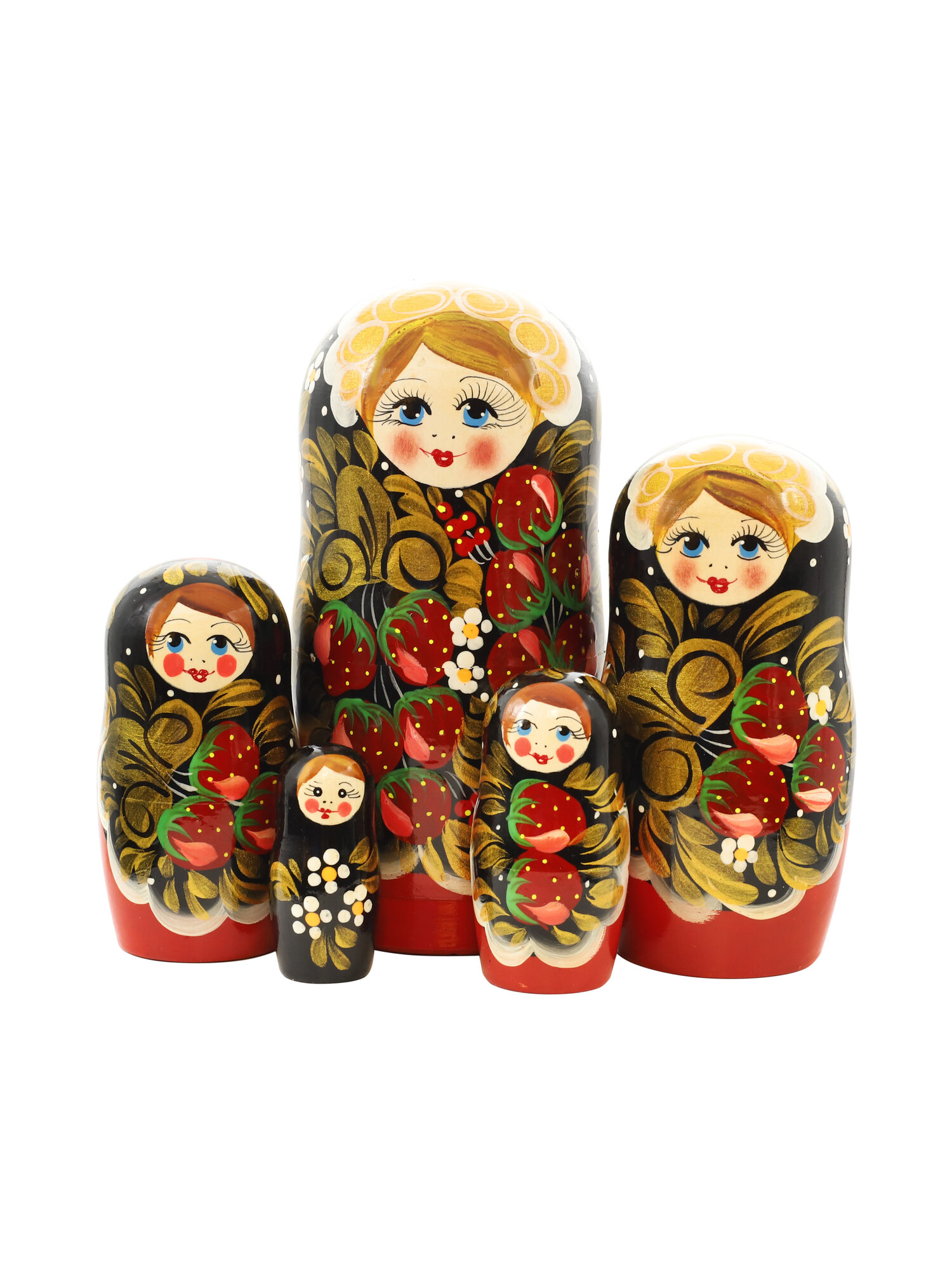 Матрешка Хохломская. Ягоды на чёрном с золотом, 5 мест, 18см (29078)