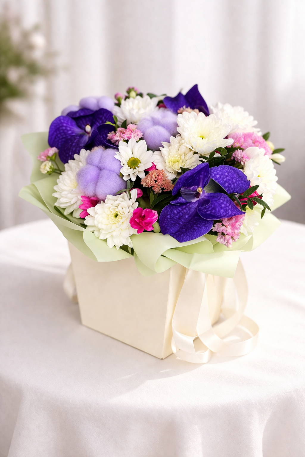 «Лавандовая нежность» — букет из ванды, хризантем, хлопка и декоративных цветов (статица) 45 сантиметров