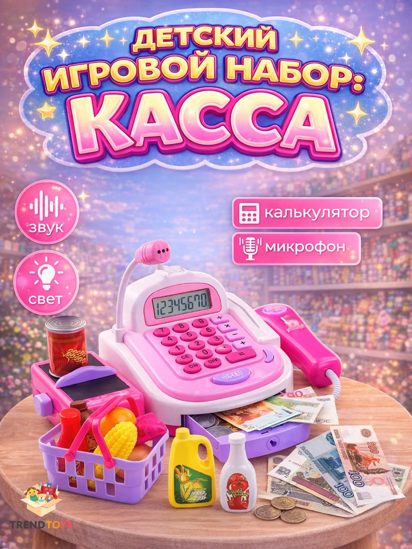 Касса детская игрушечная TrendToys, со звуком и светом, с продуктами