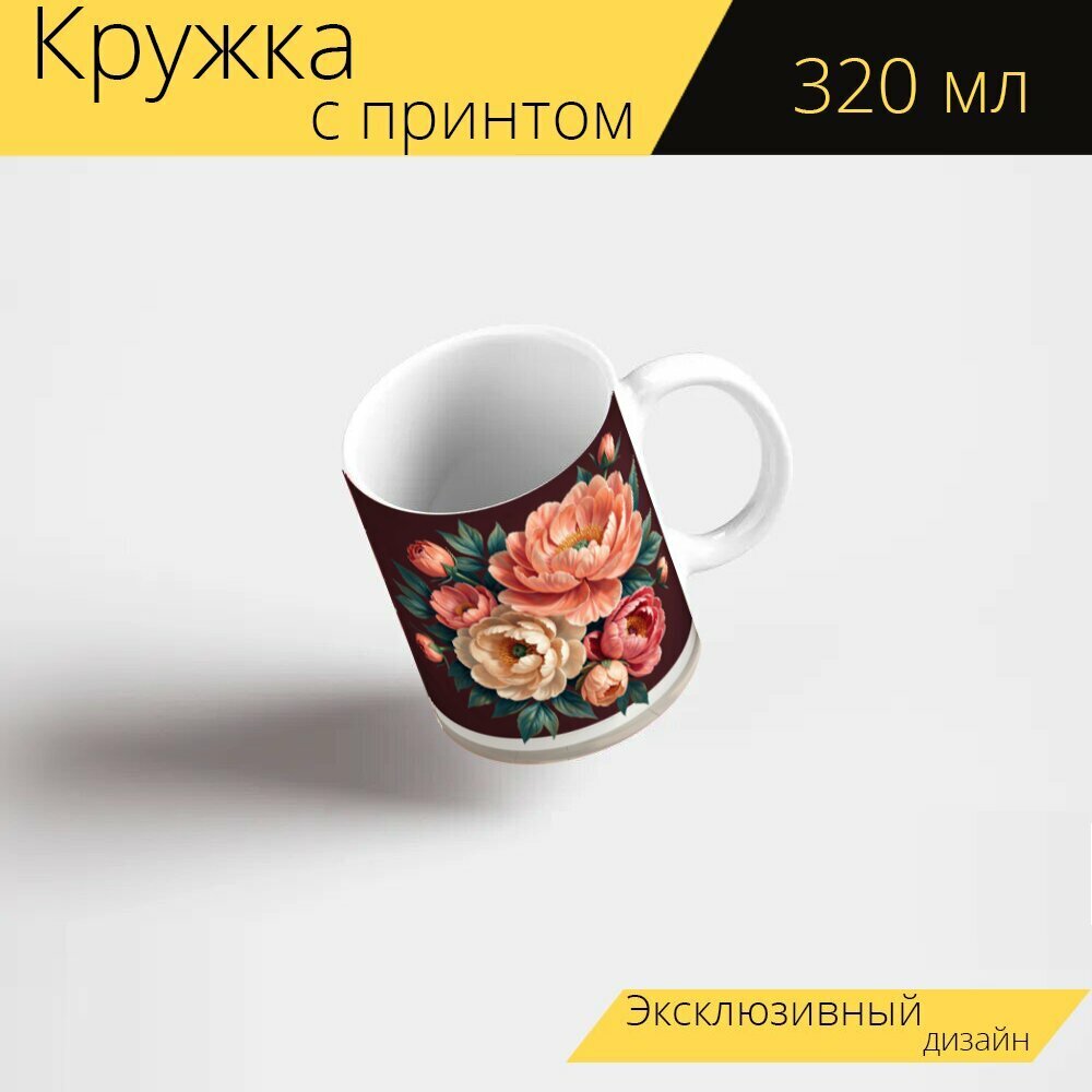 Кружка с рисунком, принтом "Нежные пионы в цветочной композиции. Объемная ботаническая композиция с крупными бутонами и раскрытыми цветками в розово-персиковых, кремовых и." 320 мл.