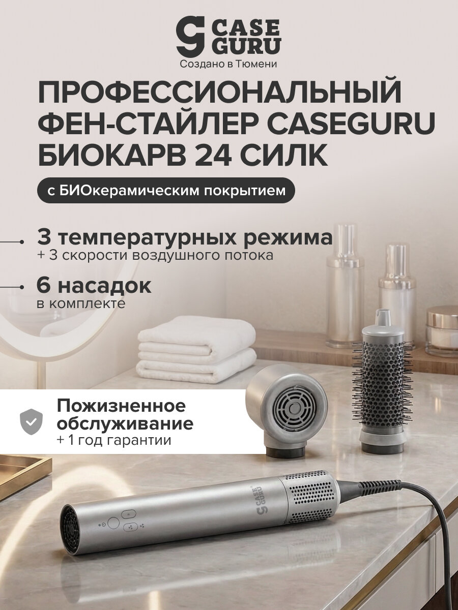 Фен-мультистайлер для волос профессиональный, плойка для локонов, выпрямитель CaseGuru Биокарв 24 Силк
