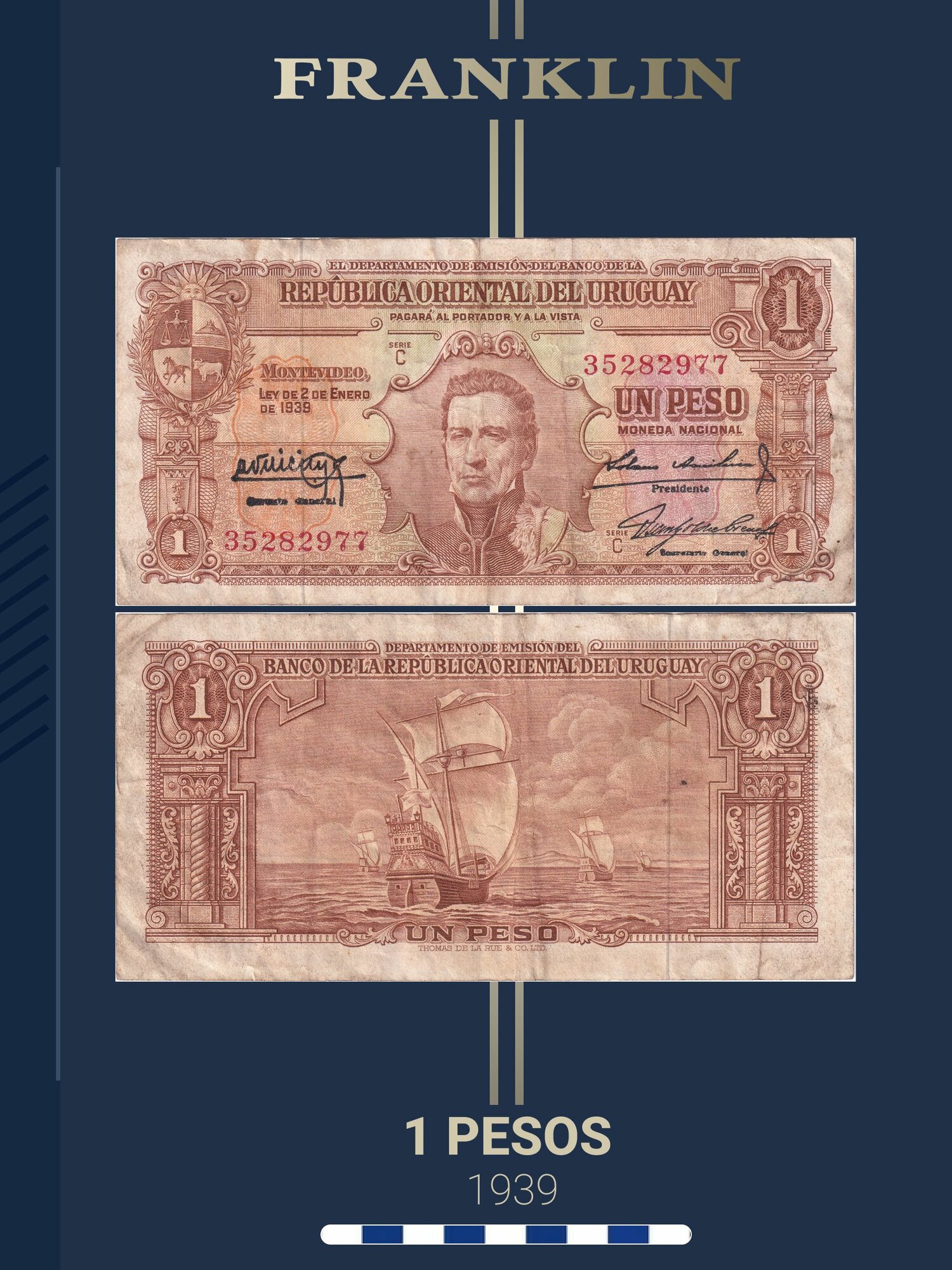 Банкнота Уругвай 1 песо 1939 год (VF) Pick 35b