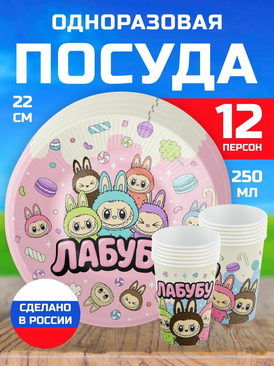 Одноразовая посуда для праздника на день рождения Лабубу Labubu. Одноразовые тарелки и стаканы. Набор для пикника, 12 персон. Сервировка праздничного стола.