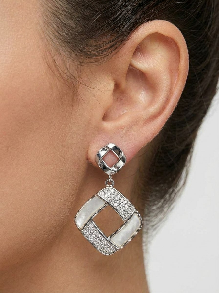 Серьги с подвесками, пусеты, серебро, 925 проба, родирование, перламутр, циркон