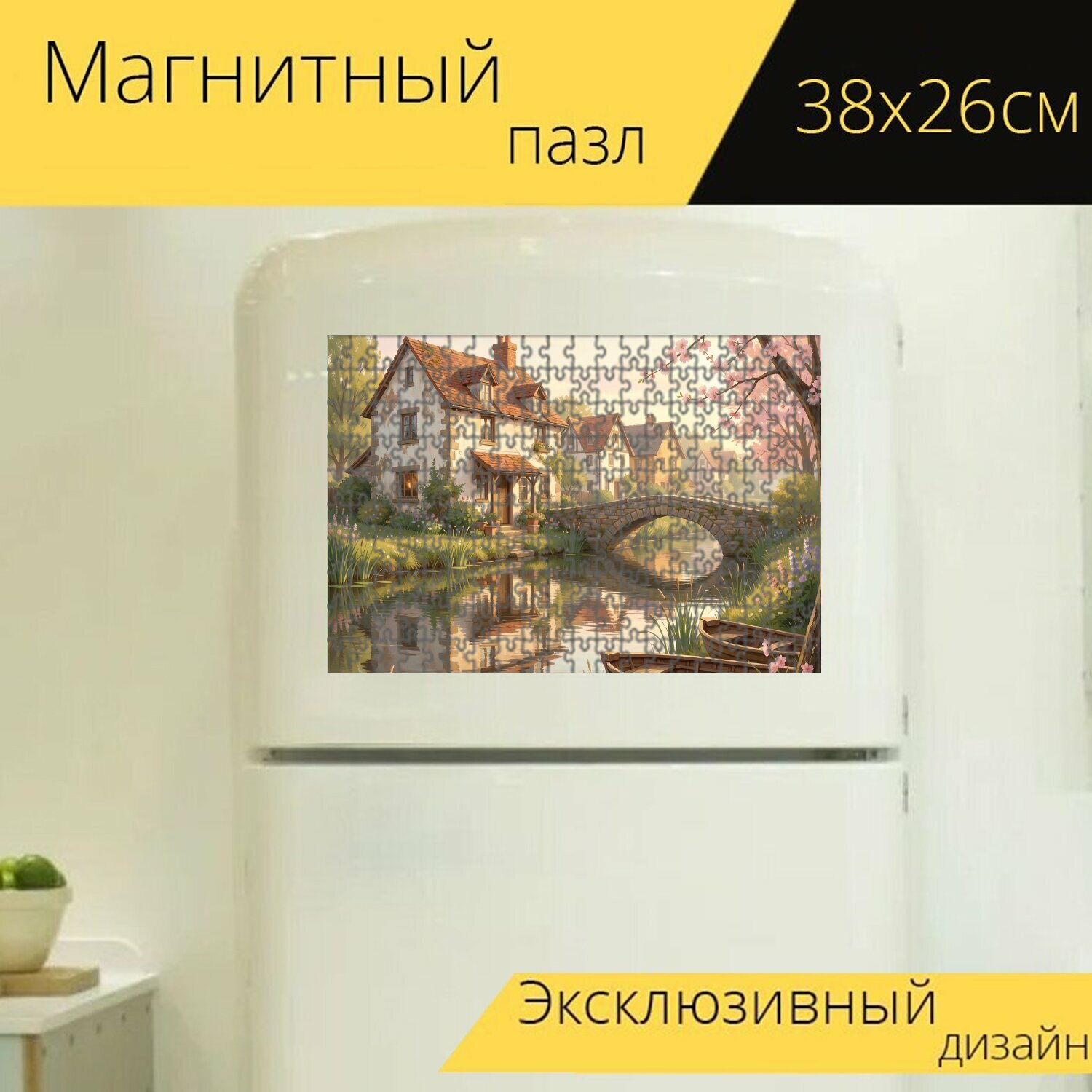 Магнитный пазл "Сказочная деревня у реки весной. Уютные домики у тихой воды, каменный мост и цветущая сакура в мягких пастельных тонах. Светлая живописная." для интерьера, 38х26 см.