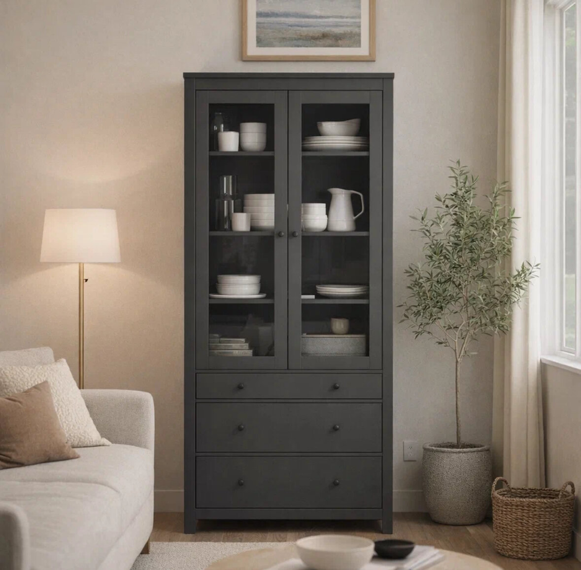 Шкаф с витриной икеа Сага, 90х41х215 см, серый