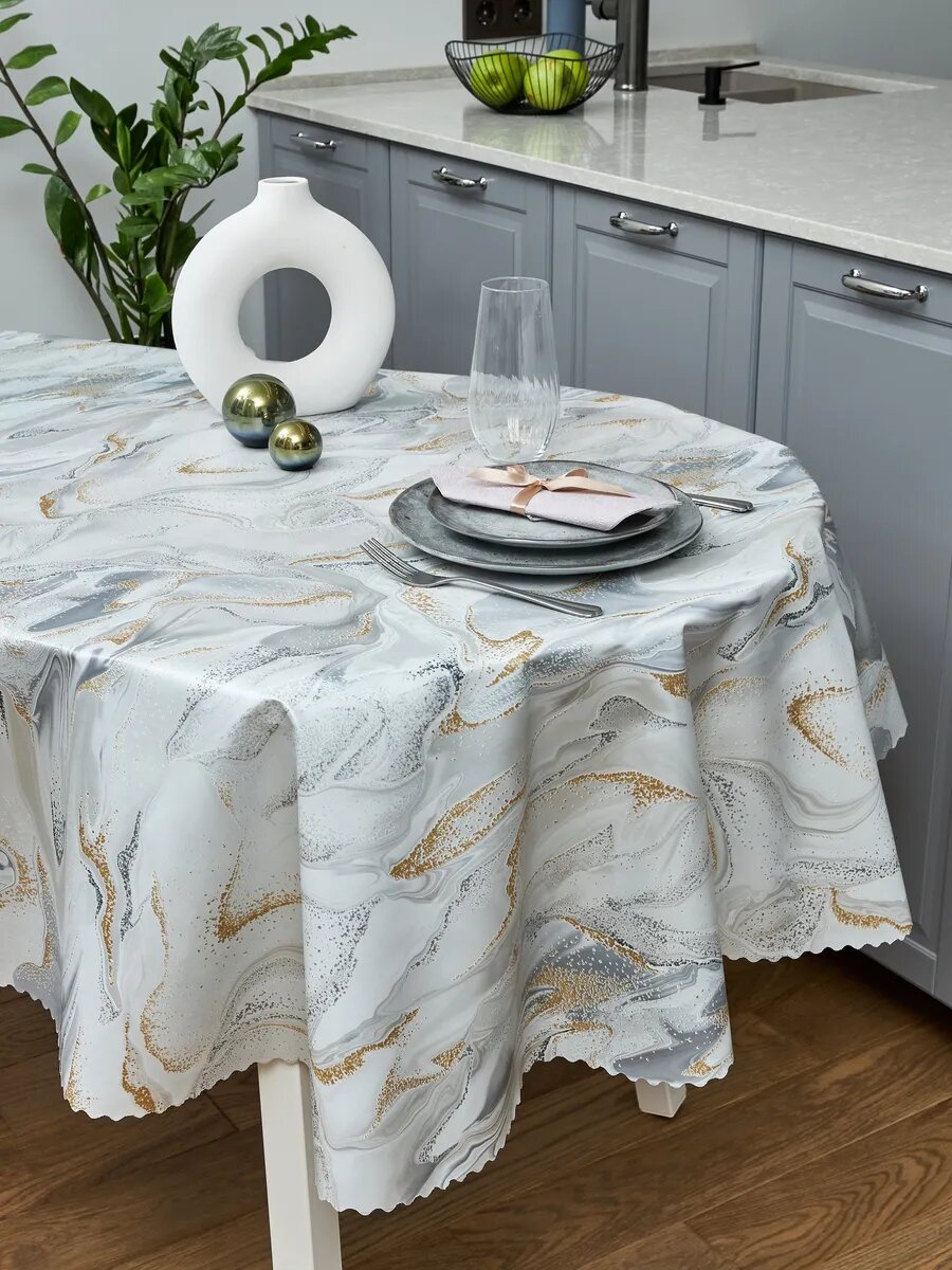 Скатерть клеенка овальная 120*160 см Аура серый